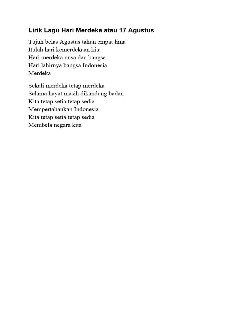 Lirik Lagu Hari Merdeka 17 Agustus | PDF