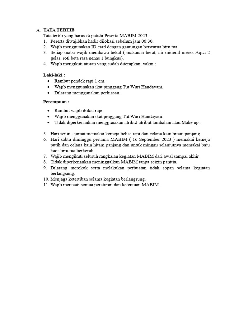 Tata Tertib Peserta MABIM 2023 | PDF | Perjalanan | Griya & Taman