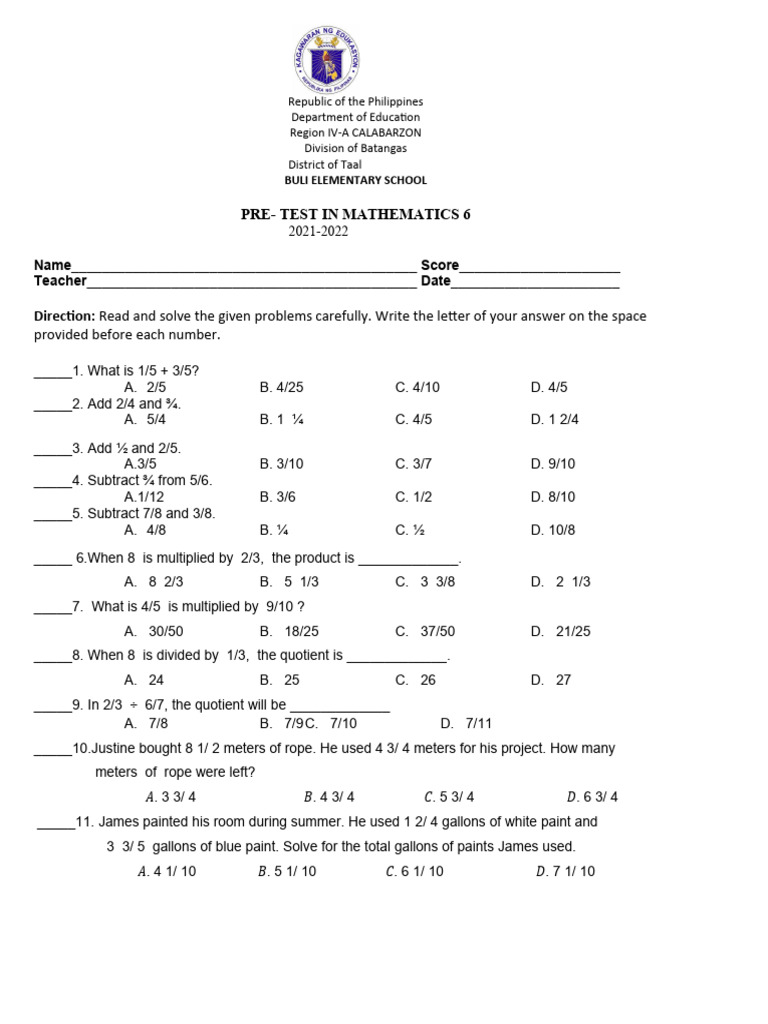 Pre-Test in Mathematics - First Semester 2022-23 | PDF