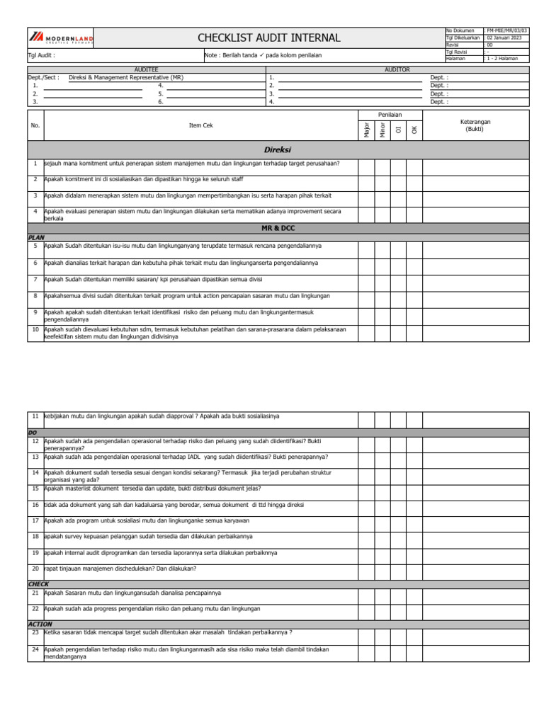 ISO Checklist Audit Internal ISO 9001 dan 14001 | PDF