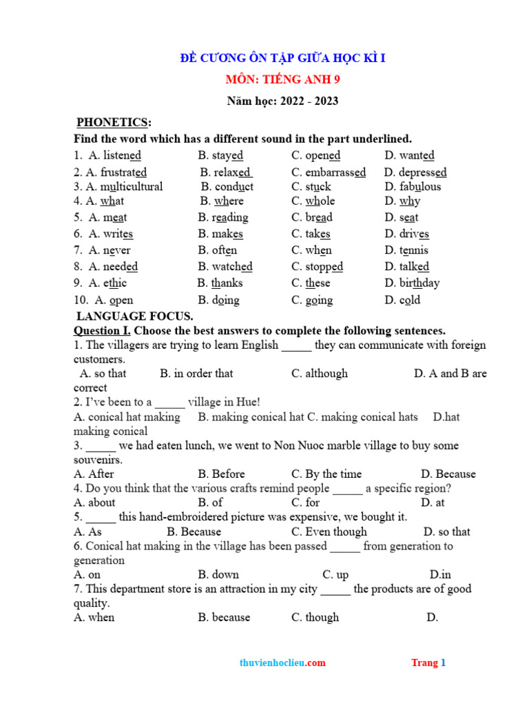 De Cuong On Tap TIENG ANH 9 Thi Diem Giua HK1 Nam 2022 2023 | PDF | English Language