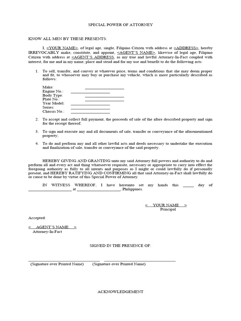 Sample - Special Power of Attorney - Sell Vehicle | Download Free PDF ...