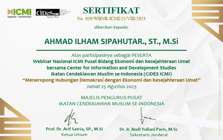 Sertifikat Webinar Nasional ICMI | PDF | Bisnis