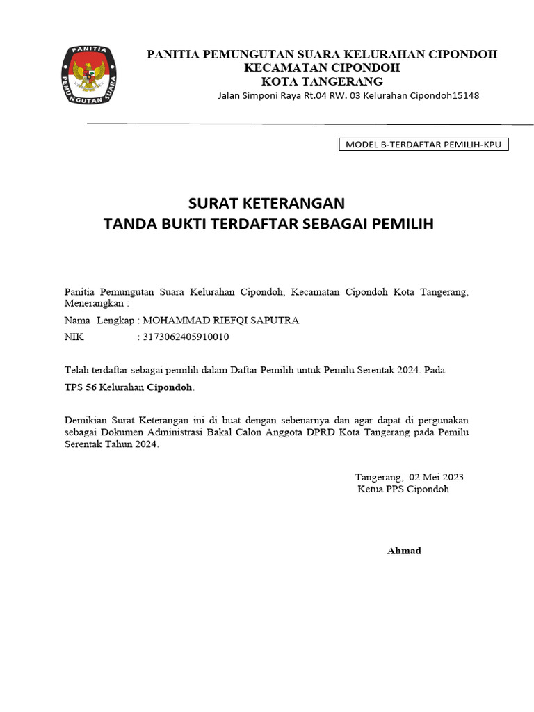 Contoh surat Keterangan BAKAL CALEG | PDF