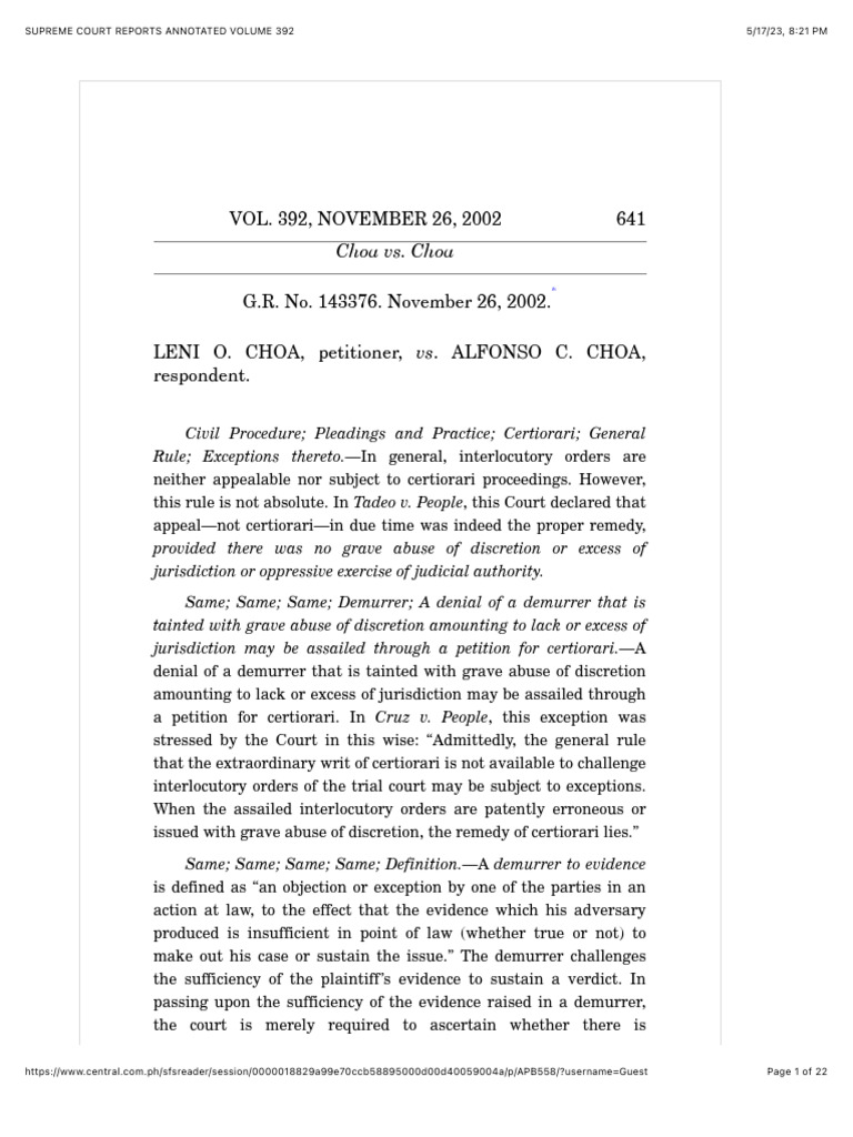 G.R. No. 143376 Choa Vs Choa | PDF | Certiorari | Demurrer