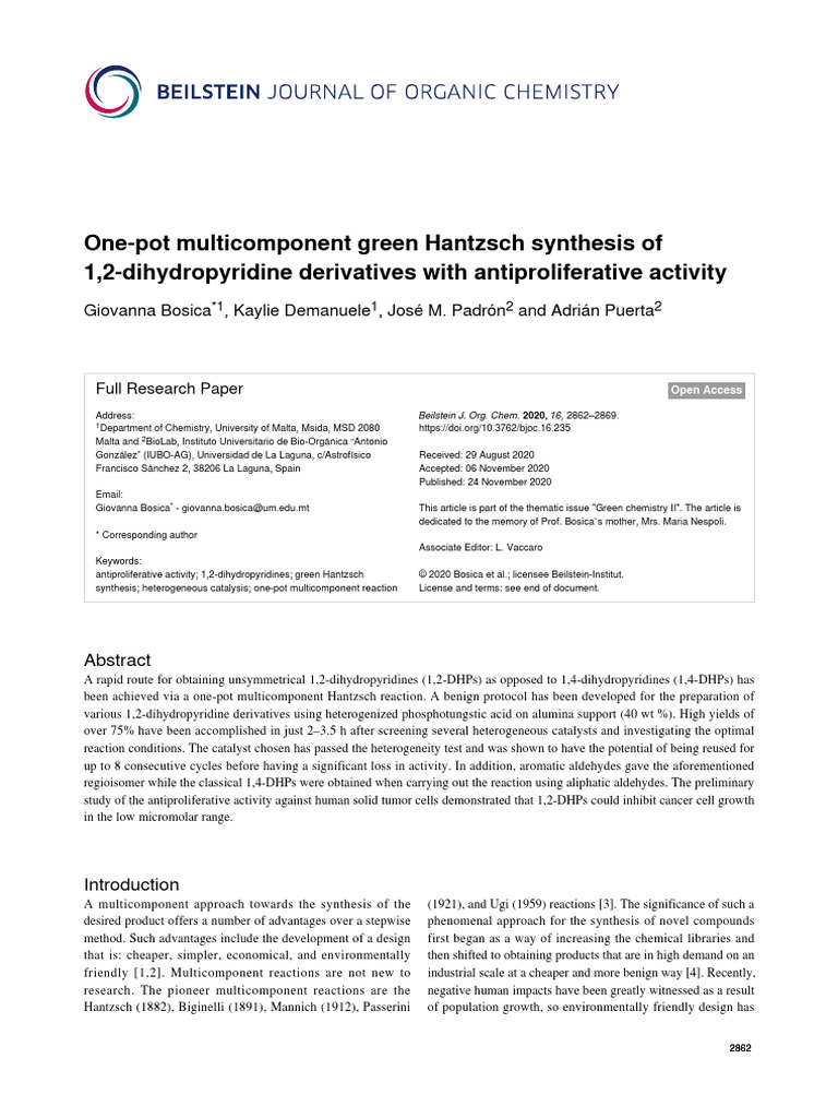 One-Pot Multicomponent Green Hantzsch Synthesis of | PDF | Chemical Reactions | Catalysis