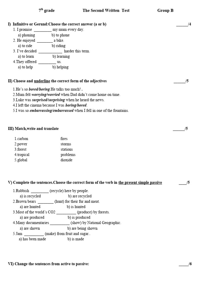 7th Grade English Grammar Test | PDF | Linguistic Typology | Language ...