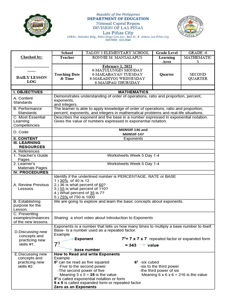 Exponent Lessonplan | PDF | Exponentiation | Learning