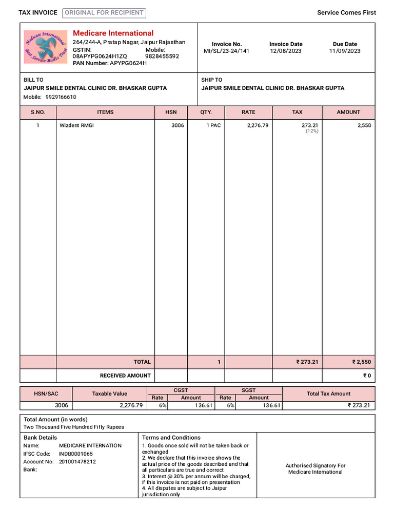 MI - SL - 23!24!141-Sales - Invoice-Jaipur Smile Dental Clinic DR Bhaskar Gupta | PDF | Money ...