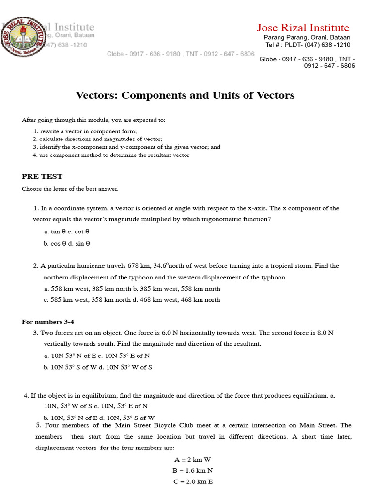 Vectors (Components and Units of Vectors) Q2 Module 3 | PDF