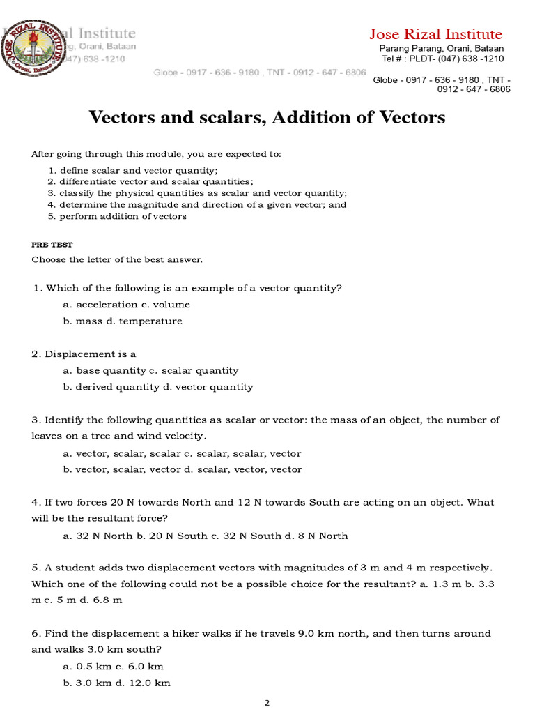Vectors and Scalars, Addition of Vectors Q2 Module 2 | PDF | Teaching Methods & Materials