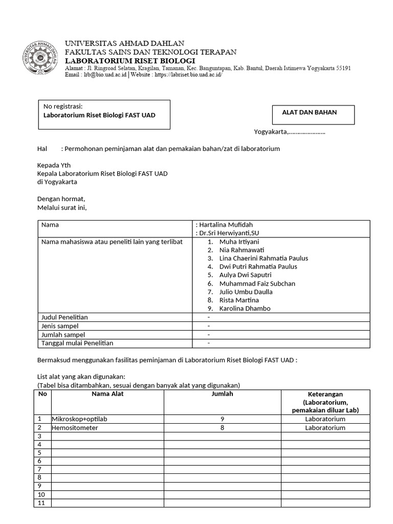 Form Peminjaman Alat Laboratorium | PDF
