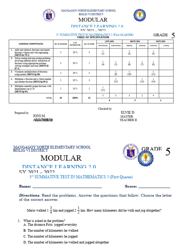 3rd Summative Math Test for Grade 5 | PDF | Arithmetic | Mathematics