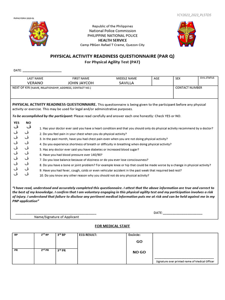 PNP Physical Activity Readiness Form | PDF | Diseases And Disorders ...