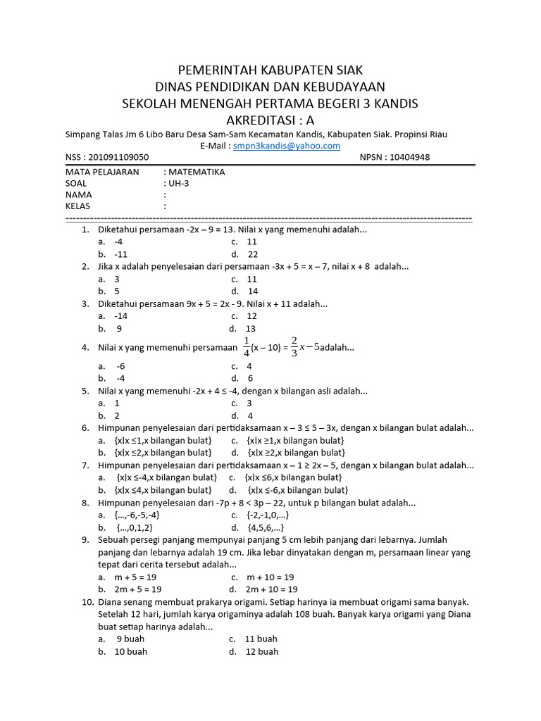 Soal Uh-3 Ganjil MTK 7 2021 | PDF | Metode & Bahan Ajar