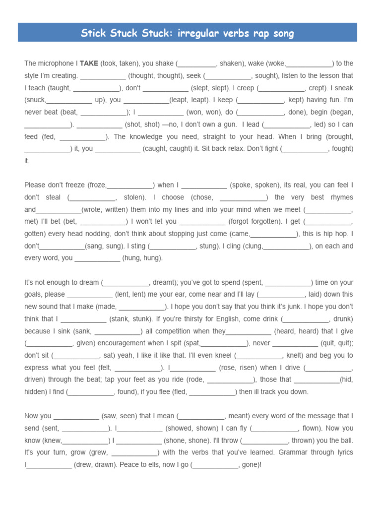 Stick Stuck Stuck Rap Song IRREGULAR VERBS | PDF