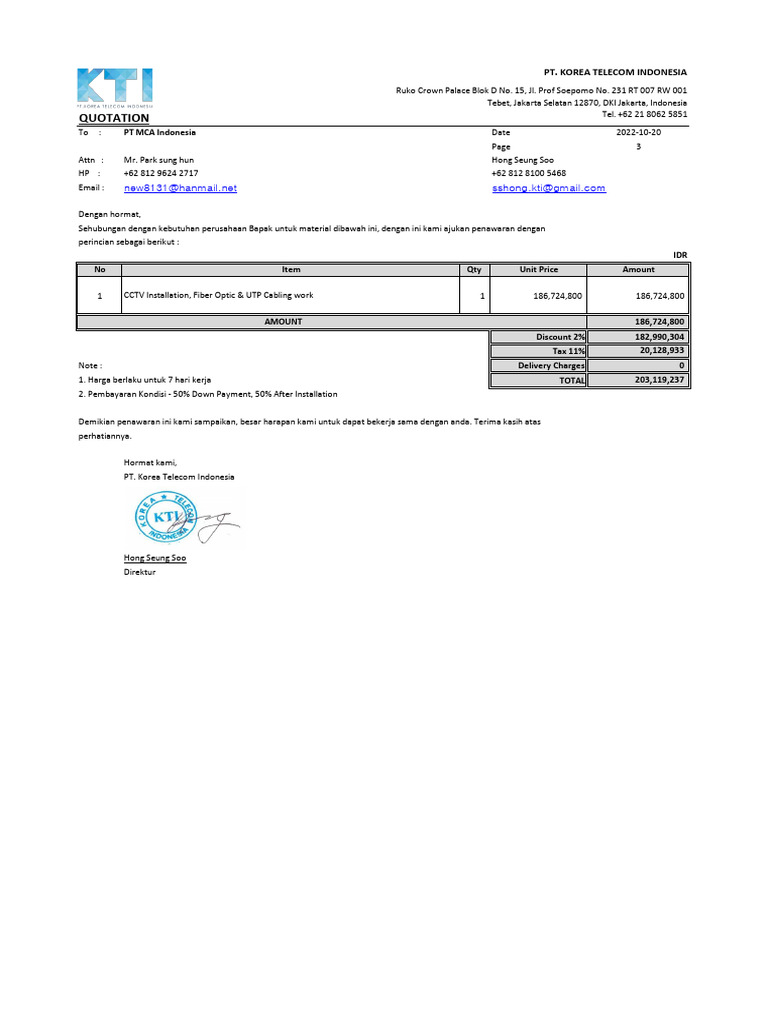 Quotation - PT - MCA INDONESIA - 20221020 - KTI - CCTV - Rev1 | PDF