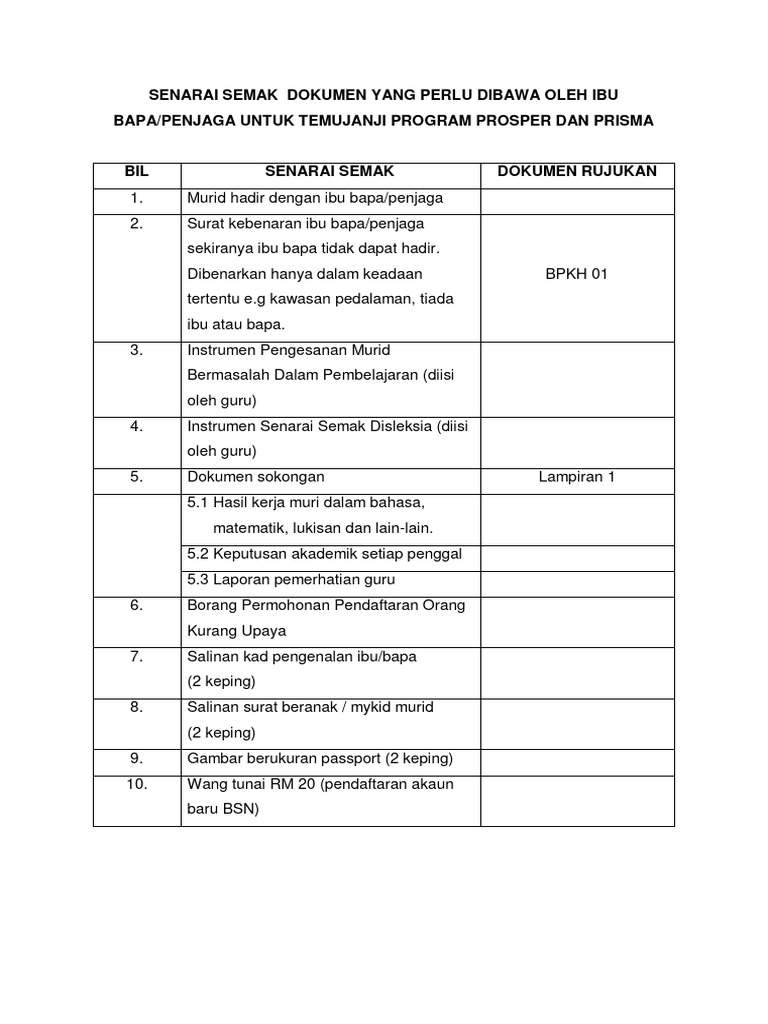 Senarai Semak Dokumen Program Prosper | PDF
