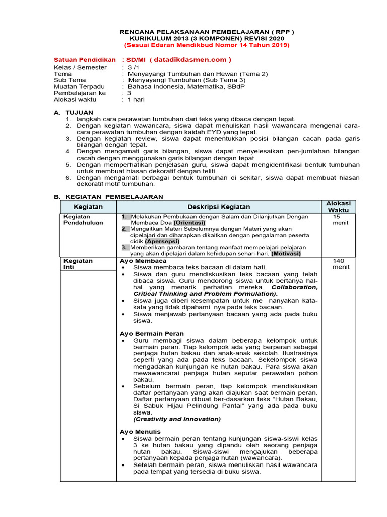 RPP Kelas 3: Menyayangi Tumbuhan | PDF | Karier & Perkembangan
