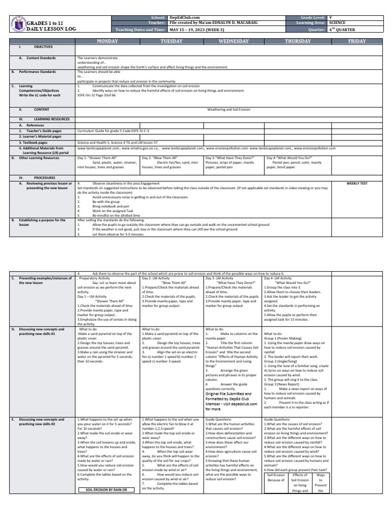 DLL - Science 5 - Q4 - W3 | PDF | Erosion | Soil