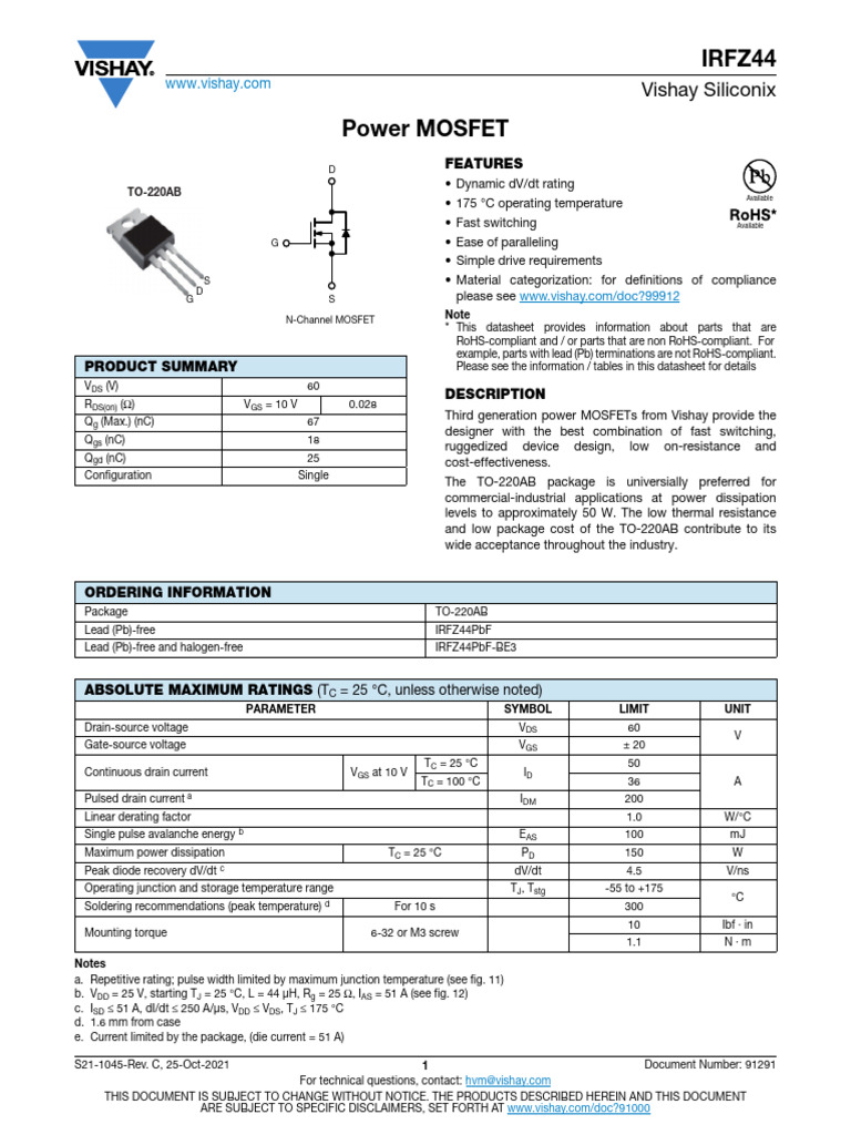 Irfz 44 | PDF | Mosfet | Diode