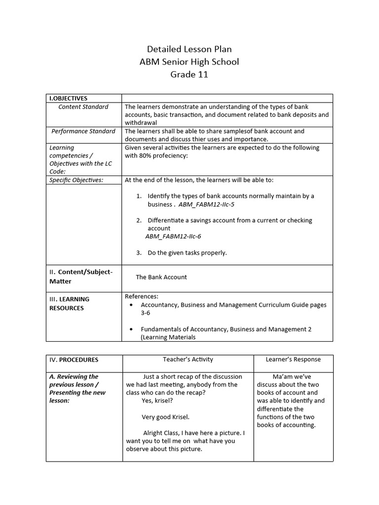 ABM Lesson Plan: Bank Accounts | PDF | Transaction Account | Passbook