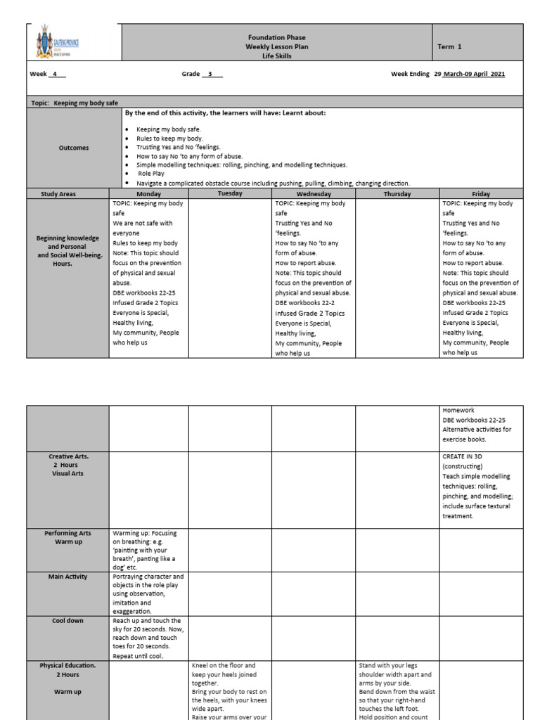 Life Skills Lesson Plans Grade 3 Week 4 | PDF