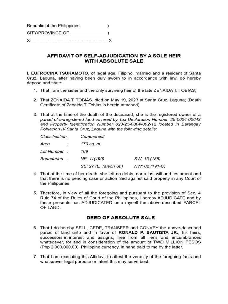 Deed of Self Adjudication | PDF | Affidavit | Natural Resources Law