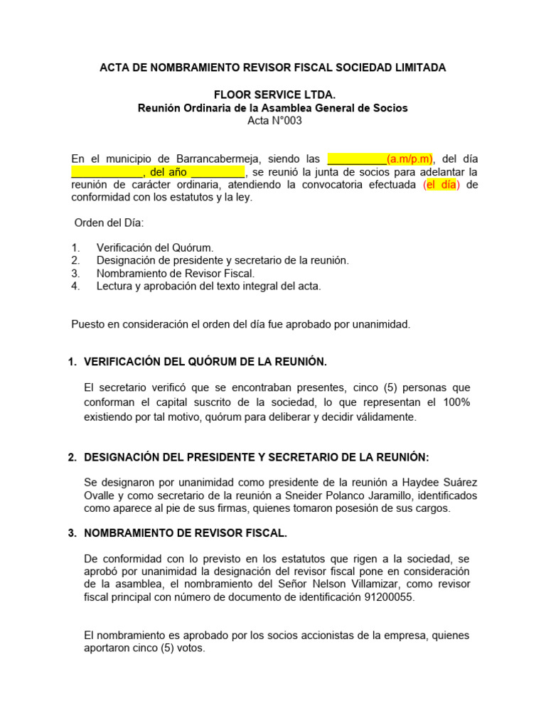 Acta Nombramiento Revisor Fiscal LTDA | PDF