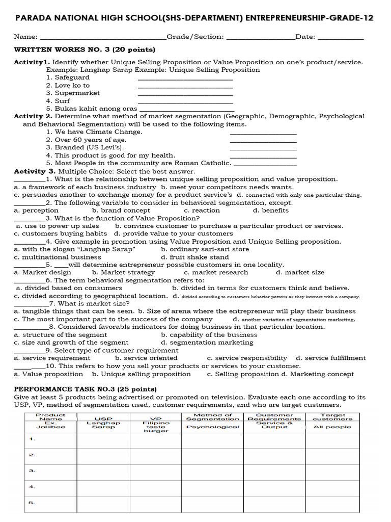 Entrep-Activity No 3 | PDF | Market Segmentation | Marketing