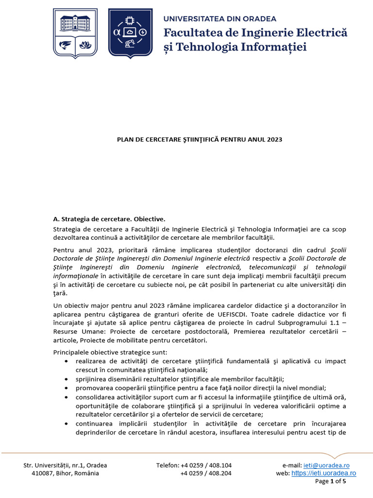 Plan Cercetare Stiintifica FIETI 2023 | PDF