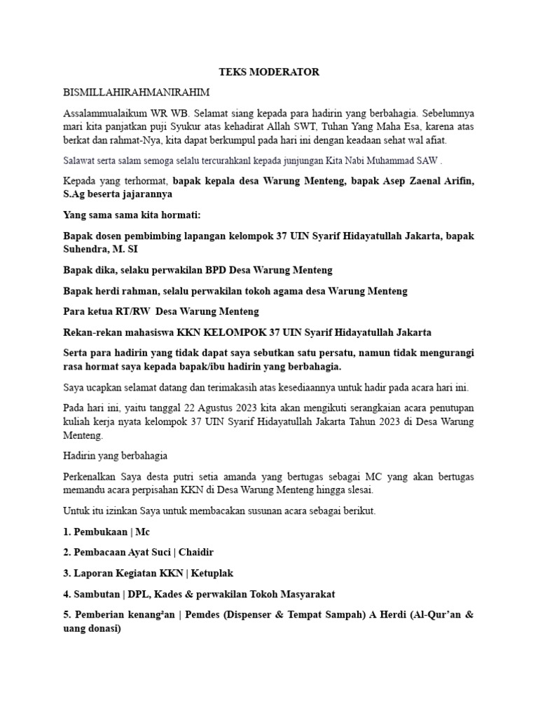 Teks Moderator Seminar KKN 2023 | PDF
