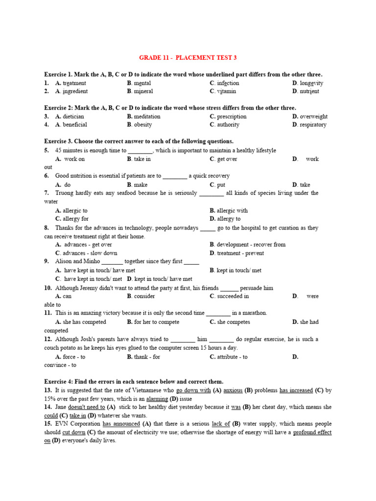 G11 - Placement Test 3 | PDF | Allergy | Gym