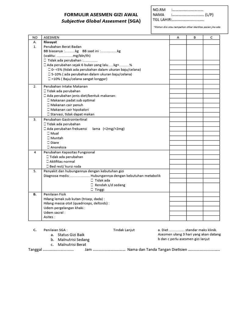 FORMULIR ASSESMEN GIZI AWAL DEWASA (SGA) Dota | PDF
