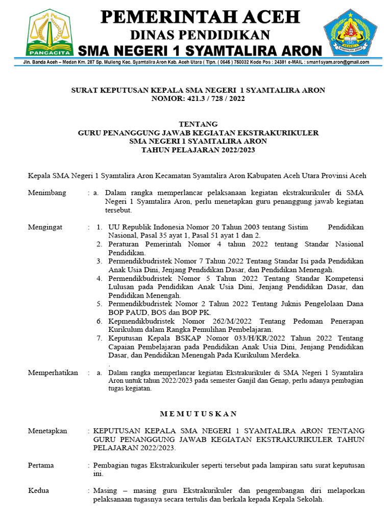 SK Tim Kegiatan Ekstrakurikuler Syamtalira Aron | PDF