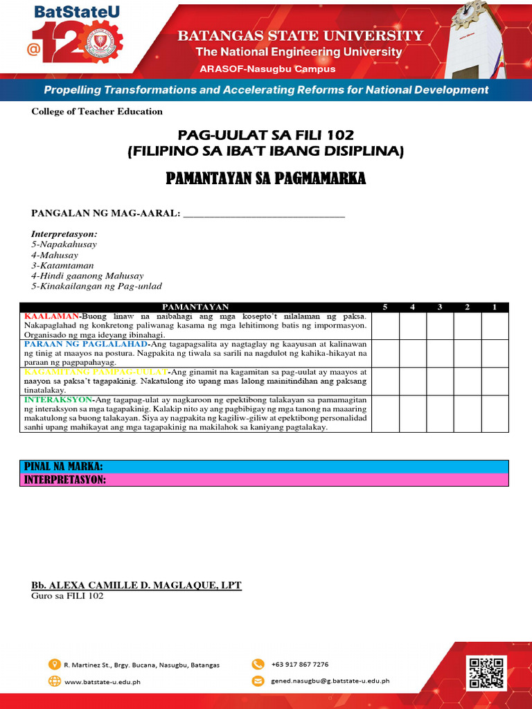 Pamantayan Sa Pagmamarka (Pag-Uulat) | PDF