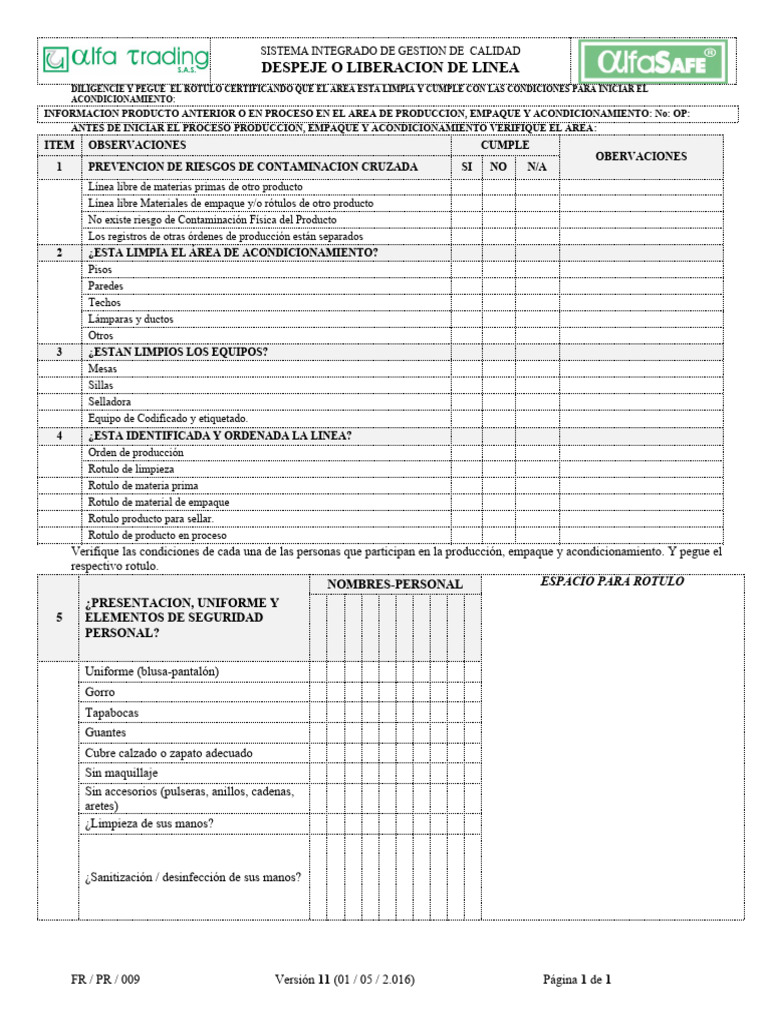 FR-PR 009 Despeje o Liberación Linea 11 | PDF