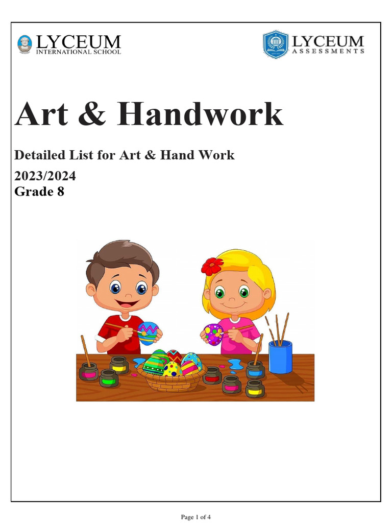 Grade 08 Art & Handwork Materials List | PDF | Drawing | Paintings