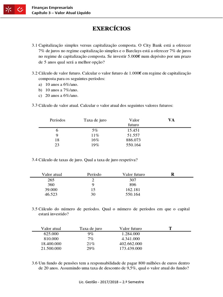 Exercicios Capítulo 3 - Valor Atual Líquido-Sol | PDF | Juros | Fluxo de caixa