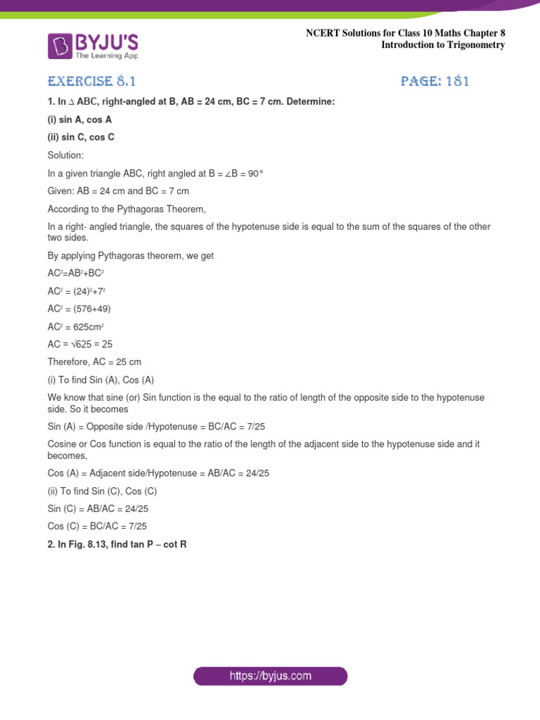NCERT Solutions For Class 10 Maths March28 Chapter 8 Introduction To Trigonometry 1 | PDF ...