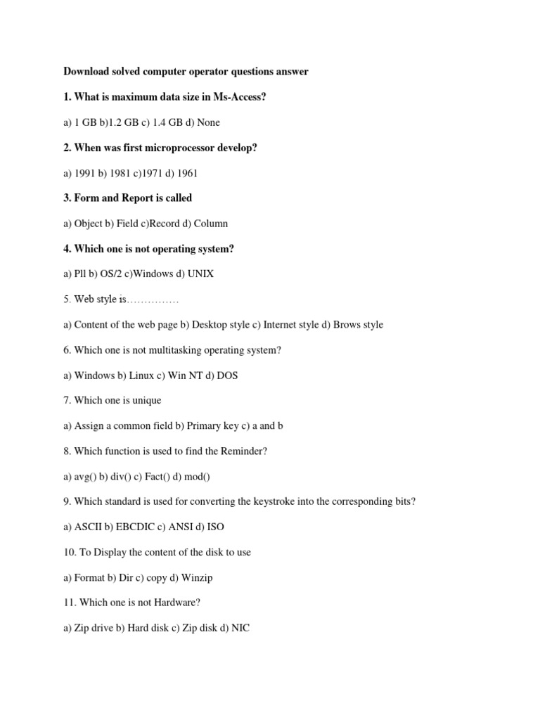 Computer Operator Solved Questions Answer | PDF | Operating System ... Computer Operator Solved Questions Answer | PDF | Operating System ...