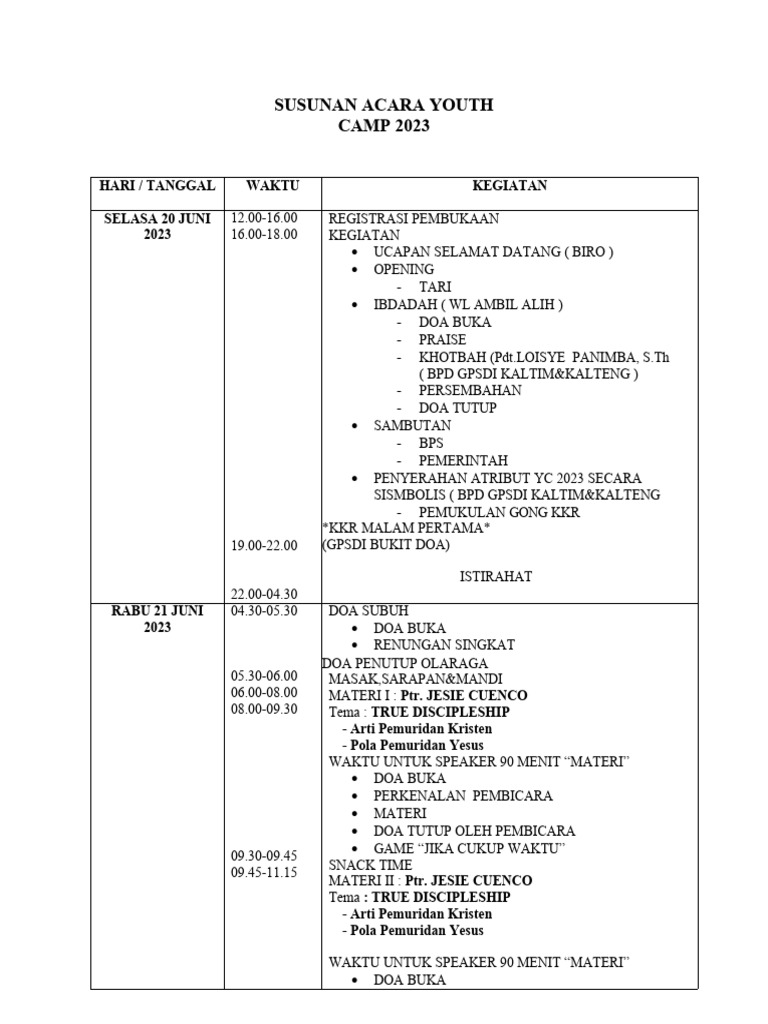 Susunan Acara Youth Camp 2023 | PDF