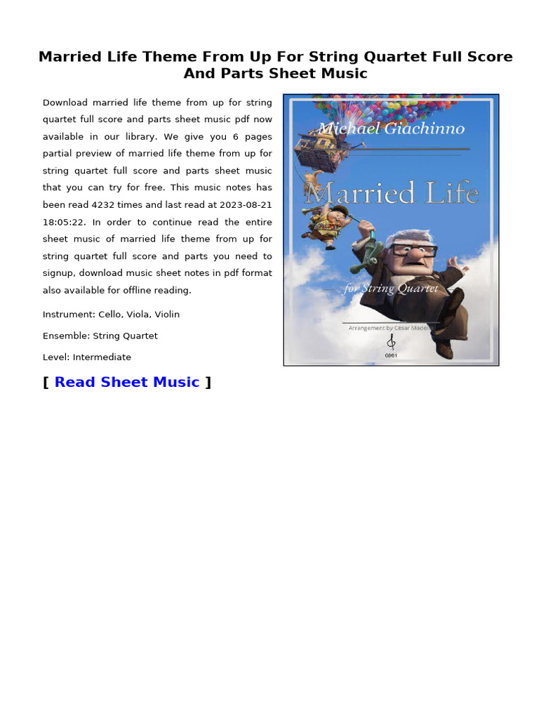 Married Life Theme From Up For String Quartet Full Score and Parts | PDF