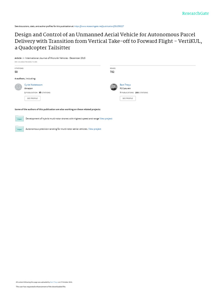 VertiKUL, A Quadcopter Tailsitter | PDF | Quadcopter | Unmanned Aerial ...