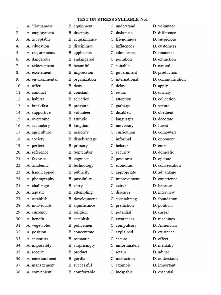Stress Syllable Test Questions | PDF