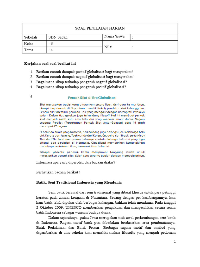 Soal PH Kelas 6 Tema 4 K.13 | PDF