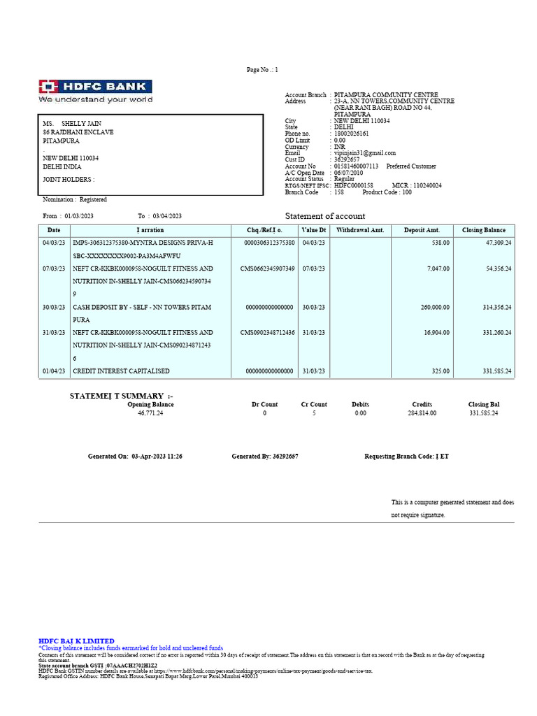 HDFC Account Statement Summary | PDF