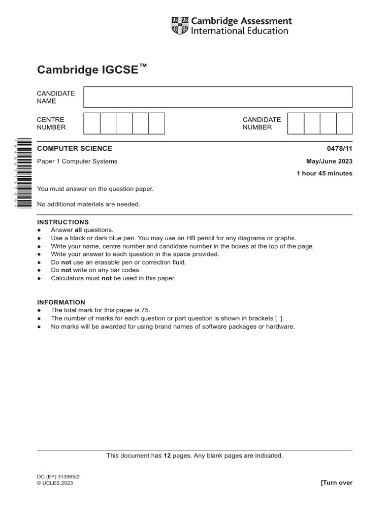 Cambridge IGCSE: Computer Science 0478/11 | PDF