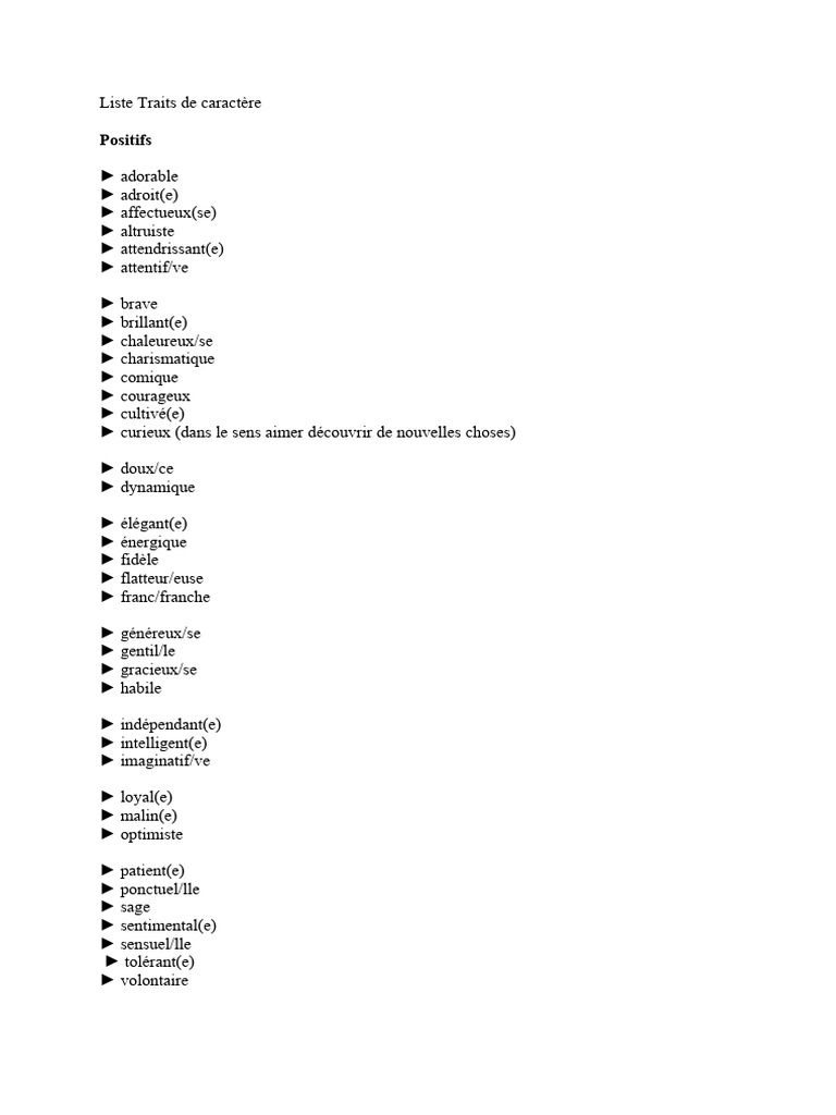 Liste des traits de caractère | PDF