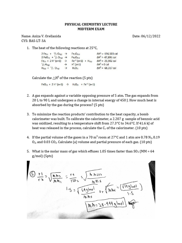 Phy Chem 1 Lec Midterm Set A | PDF